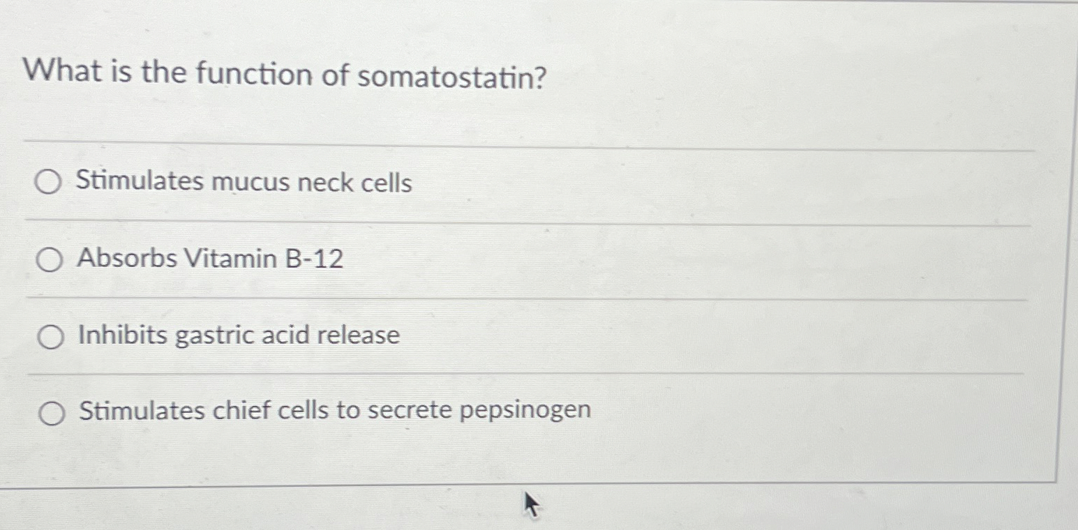 Solved What is the function of somatostatin?Stimulates mucus | Chegg.com