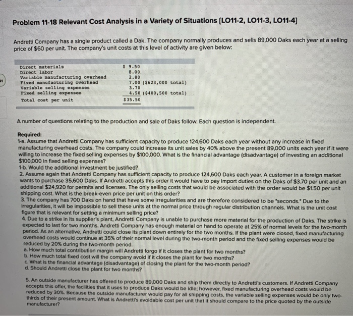 Solved Problem 11-18 Relevant Cost Analysis in a variety of | Chegg.com