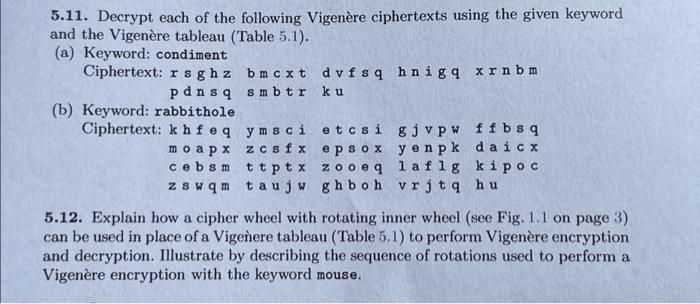 Solved 5.11. Decrypt each of the following Vigenère | Chegg.com