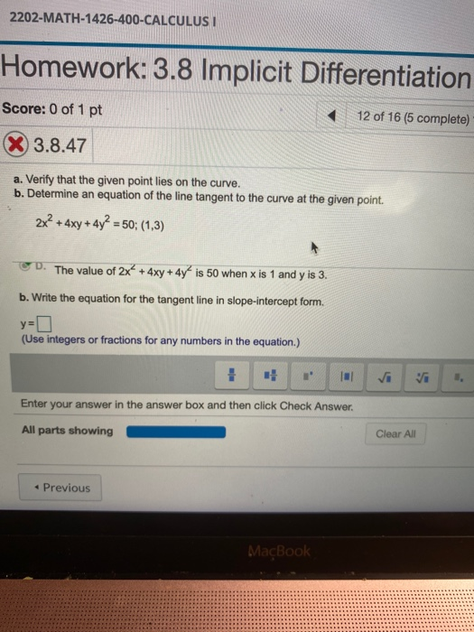 Solved 2202-MATH-1426-400-CALCULUS I Homework: 3.8 Implicit | Chegg.com