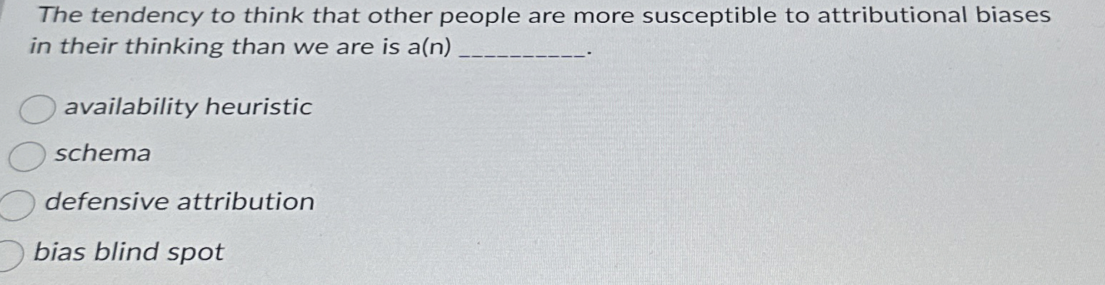 Solved The tendency to think that other people are more | Chegg.com
