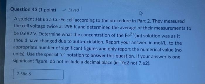 Solved A student set up a Cu-Fe cell according to the | Chegg.com