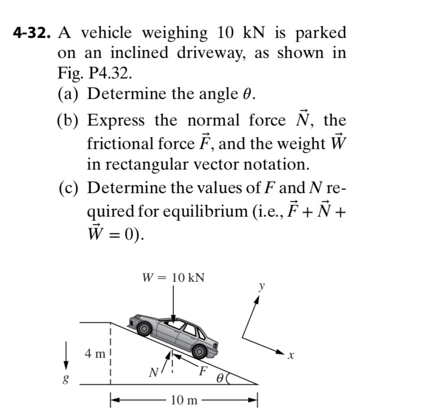 Solved 4-32. ﻿A vehicle weighing 10kN ﻿is parked on an | Chegg.com