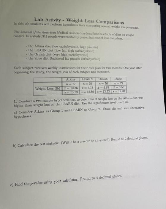 Solved Lab Activity - Weight Loss Comparisons In this lab | Chegg.com