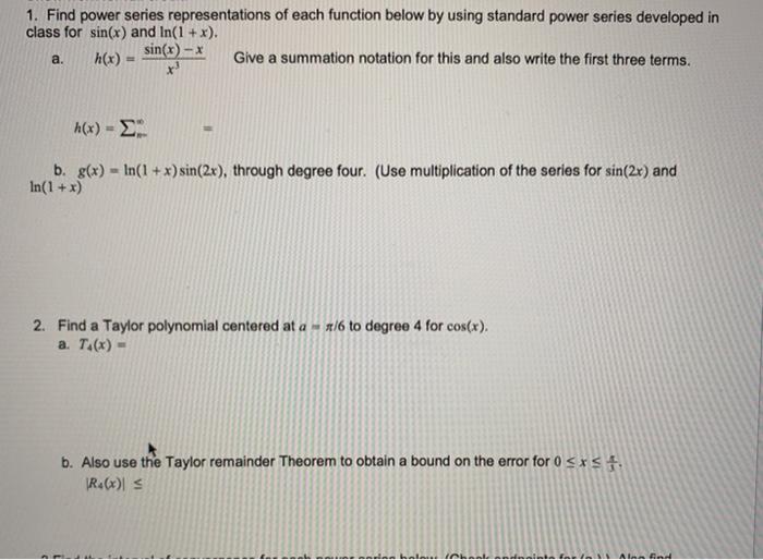 Solved 1. Find power series representations of each function | Chegg.com