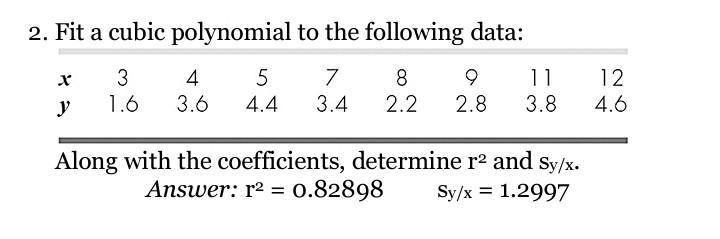Solved 2. Fit a cubic polynomial 3 4 1.6 3.6 X y 5 4.4 to | Chegg.com