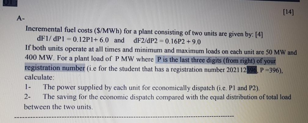 Solved [14] A- Incremental fuel costs ($/MWh) for a plant | Chegg.com