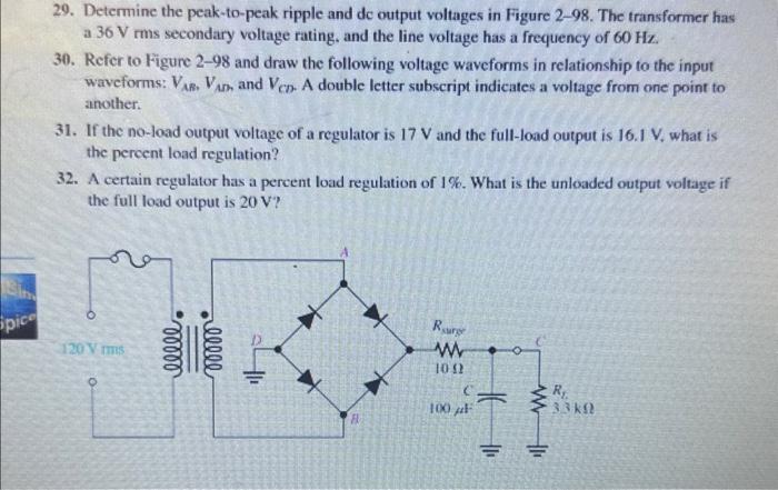 Solved 29. Determine the peak-to-peak ripple and de output | Chegg.com