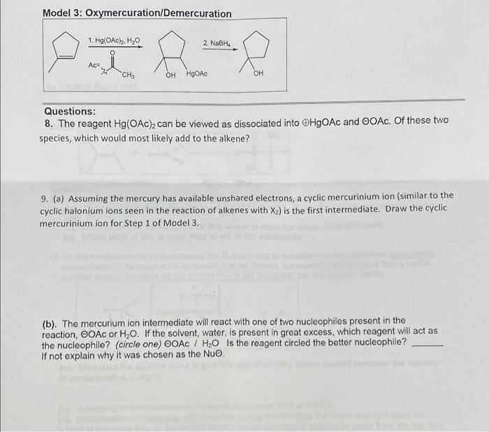 Solved Model 3: Oxymercuration/Demercuration 1. Hg(OAc), H20 | Chegg.com