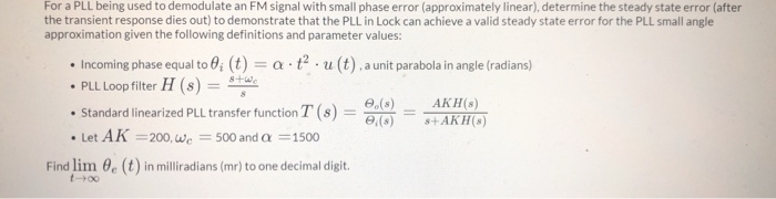 Solved For a PLL being used to demodulate an FM signal with | Chegg.com