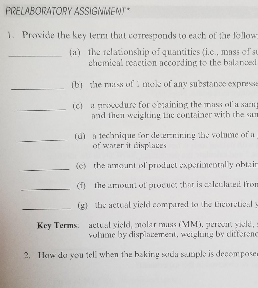 Solved PRELABORATORY ASSIGNMENT* 1. Provide the key term | Chegg.com