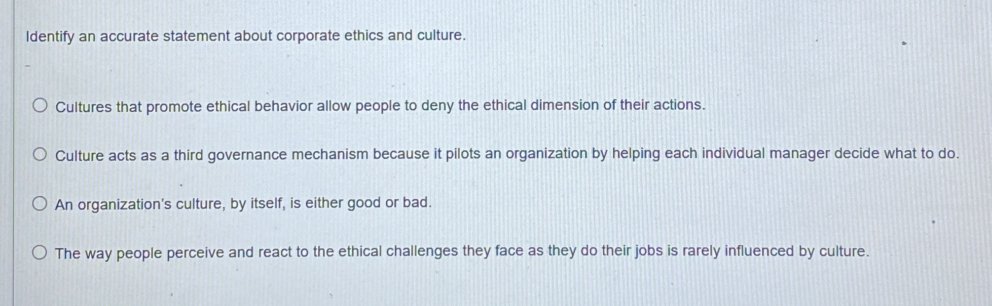 Solved Identify an accurate statement about corporate ethics | Chegg.com