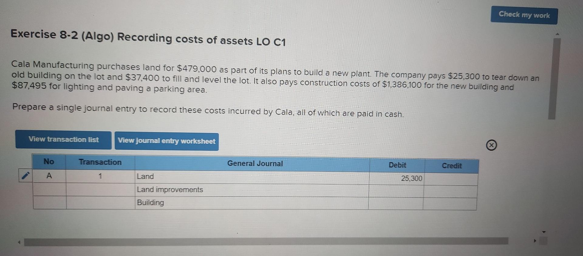 Solved Check my work Exercise 8-2 (Algo) Recording costs of | Chegg.com
