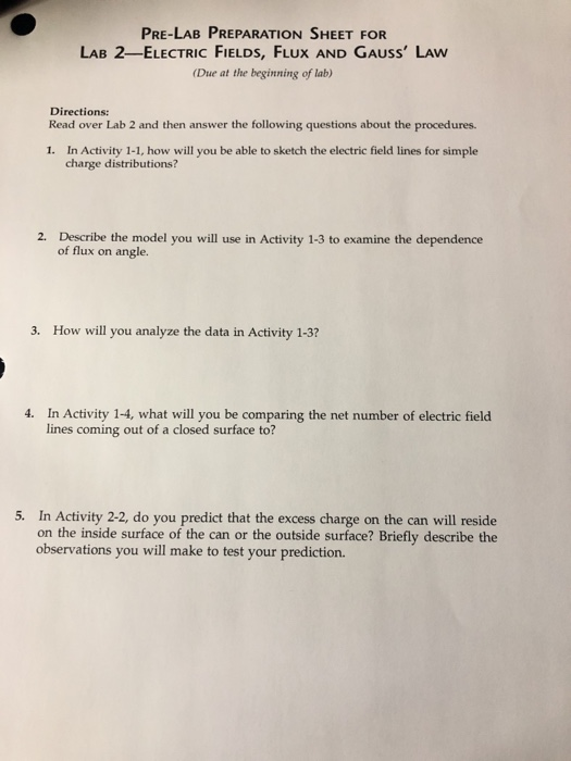 PRE-LAB PREPARATION SHEET FOR LAB 2—ELECTRIC FIELDS, | Chegg.com