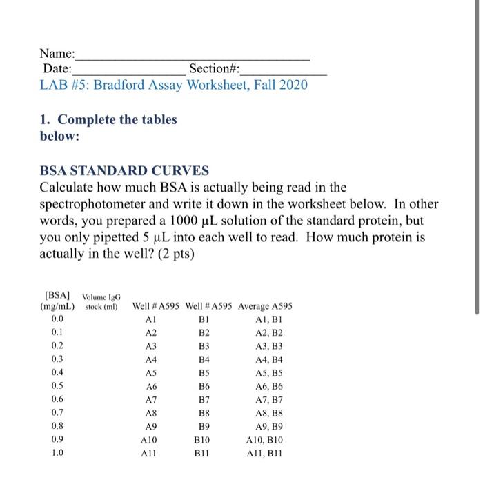Solved Name: Date: Section#: LAB #5: Bradford Assay | Chegg.com