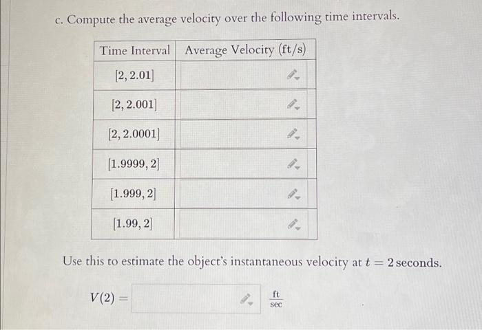 Solved c. Compute the average velocity average velocity over | Chegg.com