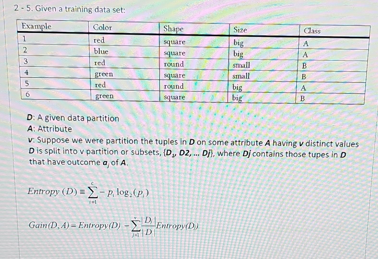 Solved 2 - 5. Given a training data set: D: A given data | Chegg.com