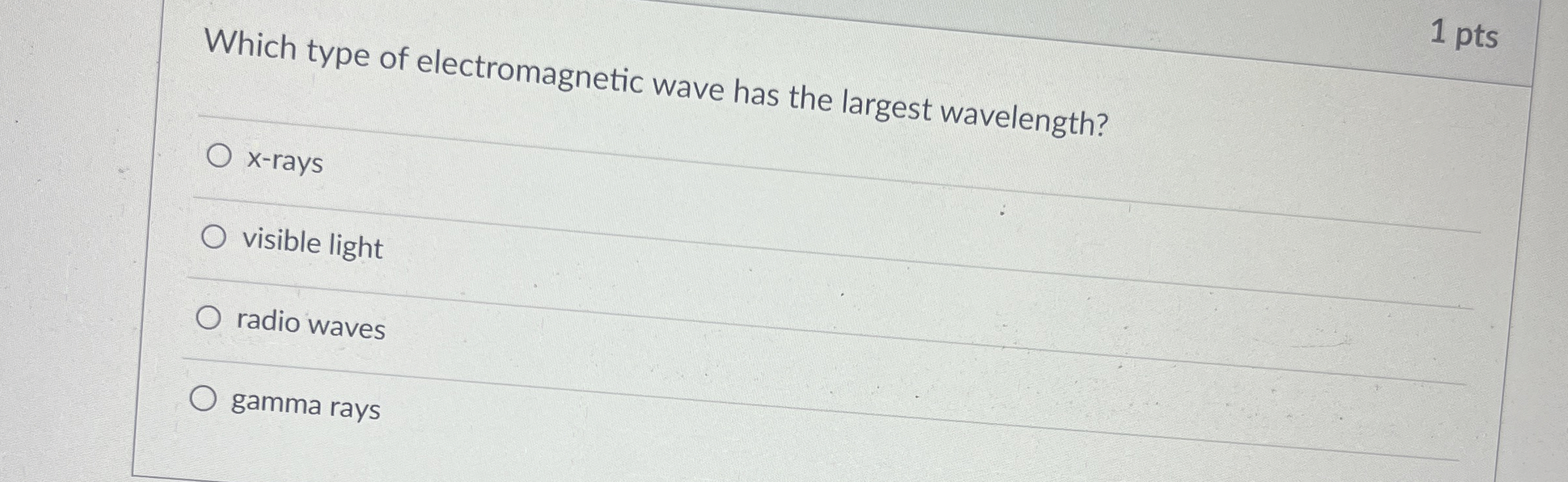 Solved 1 ptsWhich type of electromagnetic wave has the | Chegg.com Solved 1 ptsWhich type of electromagnetic wave has the | Chegg.com