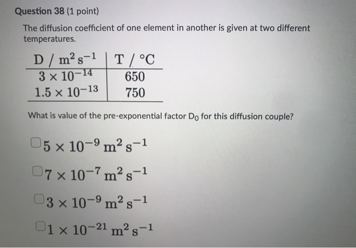 Solved Question 38 (1 point) The diffusion coefficient of | Chegg.com
