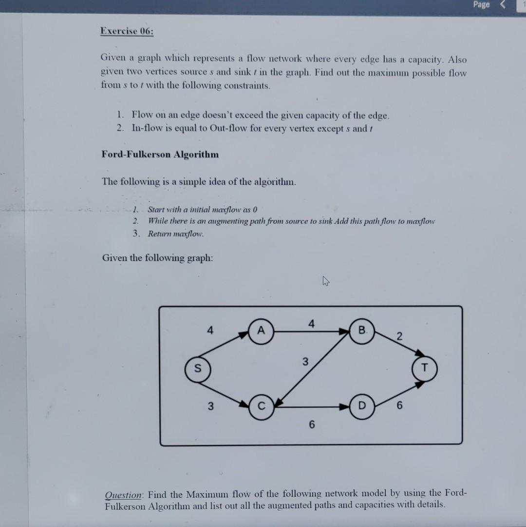 Solved Exercise 06: Given a graph which represents a flow | Chegg.com