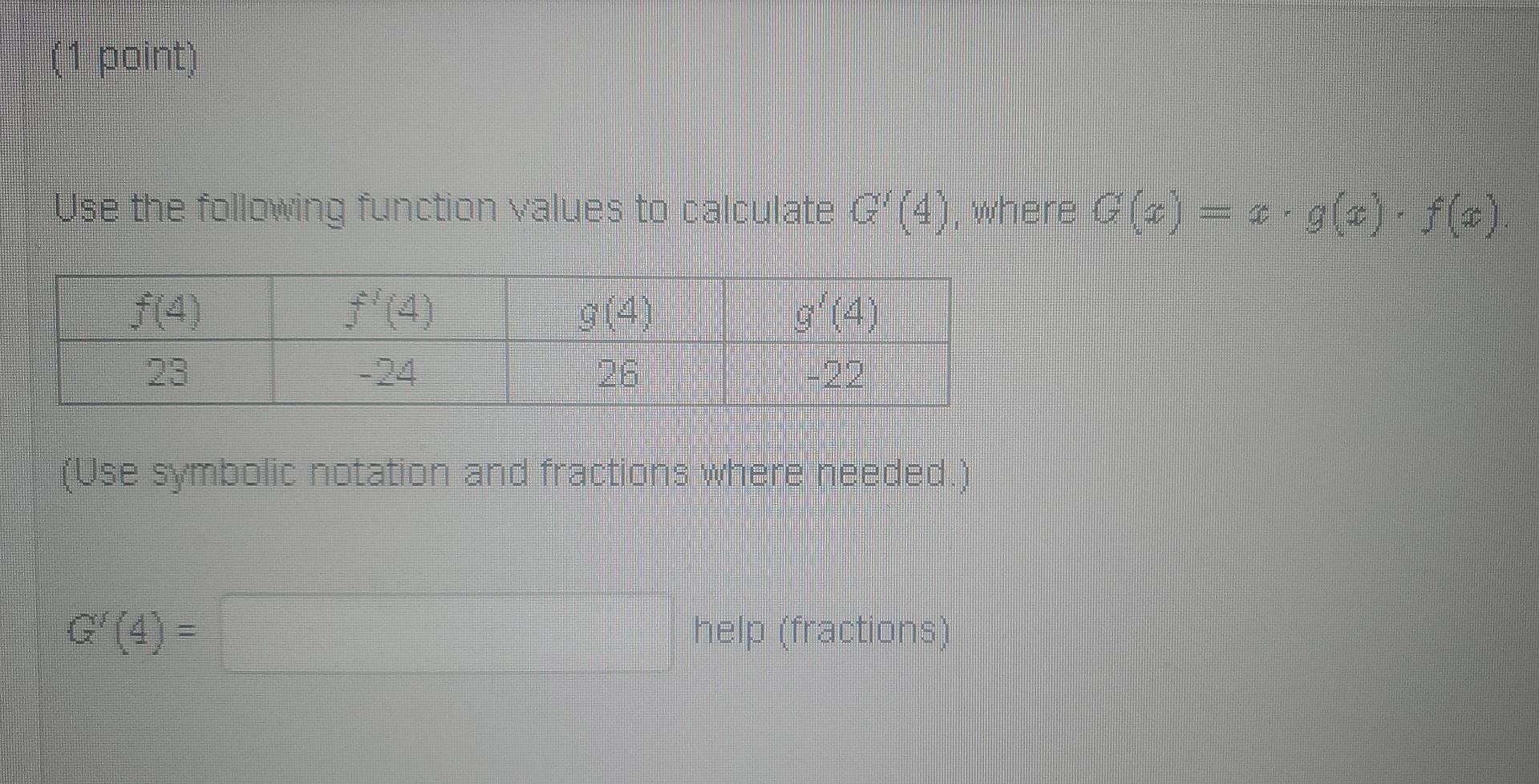 Solved (1 point) Use the following function values to | Chegg.com