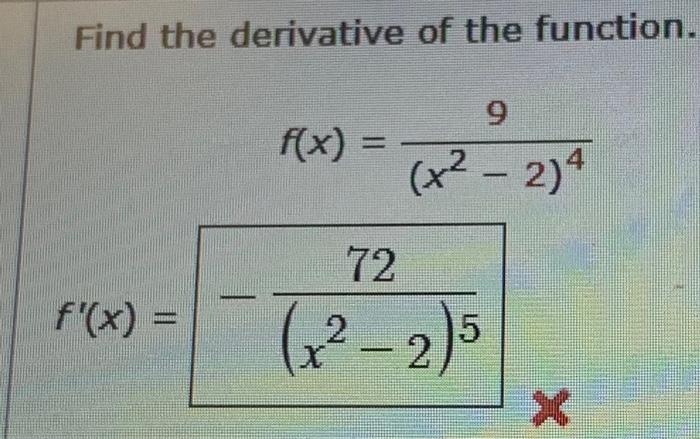 Solved Find the derivative of the function. f'(x) = f(x) = = | Chegg.com