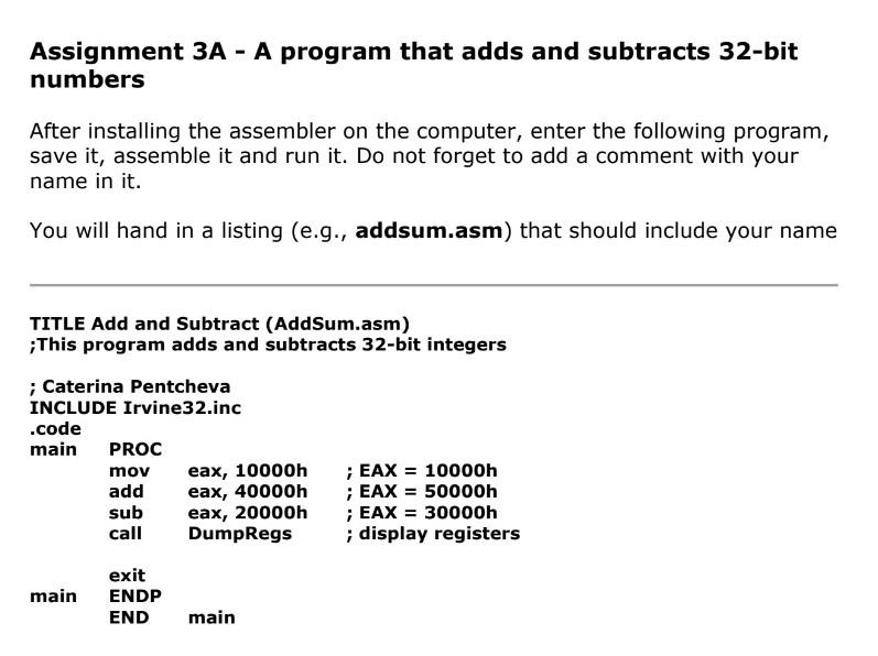 Solved Assignment 3A - A program that adds and subtracts | Chegg.com