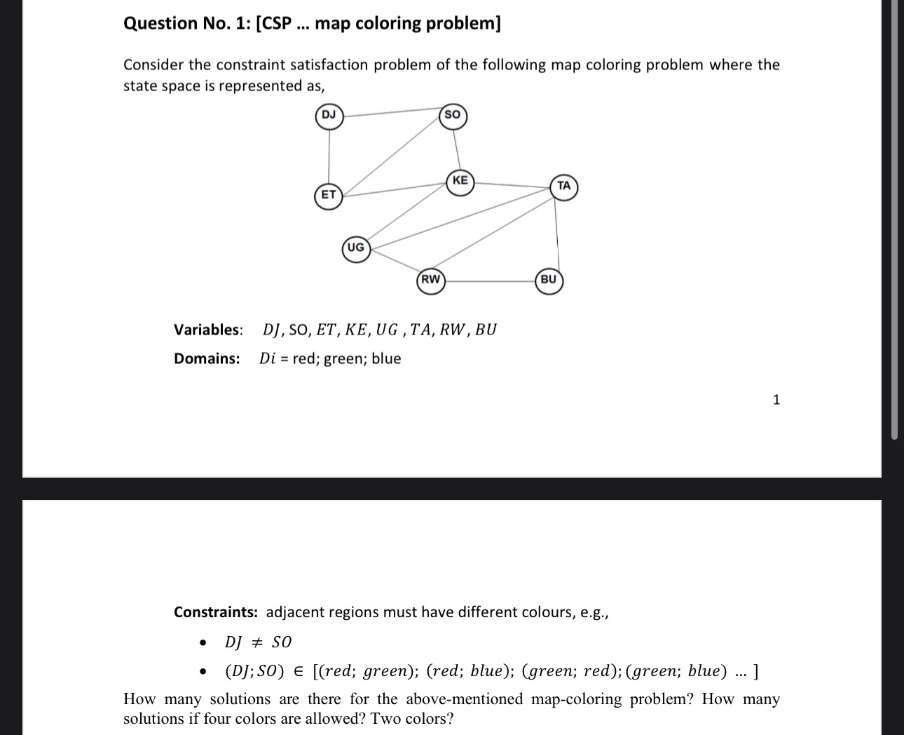 Question No. 1: [CSP ... ﻿map coloring | Chegg.com