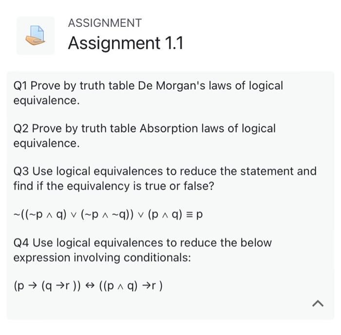 Solved ASSIGNMENT Assignment 1.1 Q1 Prove by truth table De | Chegg.com