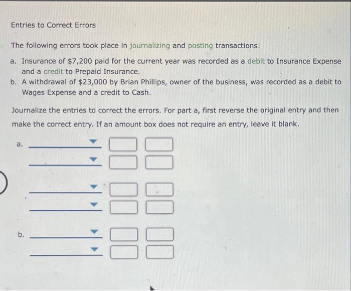 Solved Entries to Correct Errors The following errors took | Chegg.com