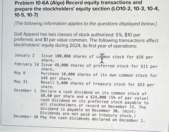 Solved Problem 10-6A (Algo) Record equity transactions and | Chegg.com
