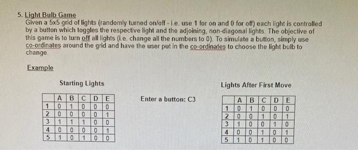 Solved 5. Light Bulb Game Given a 5×5 grid of lights | Chegg.com