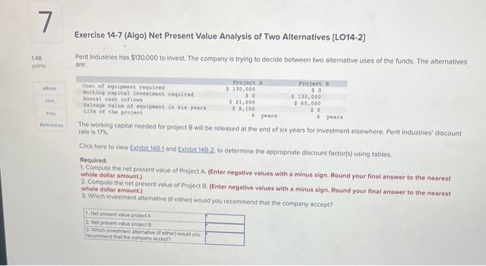Solved Exercise 14-7 (Algo) Net Present Value Analysis of | Chegg.com