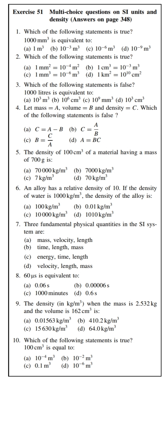 Exercise 51 ﻿Multi-choice questions on SI units and | Chegg.com