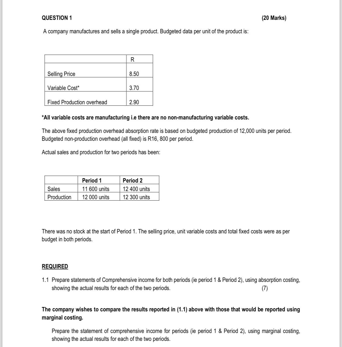 Solved QUESTION 1(20 ﻿Marks)A company manufactures and sells | Chegg.com