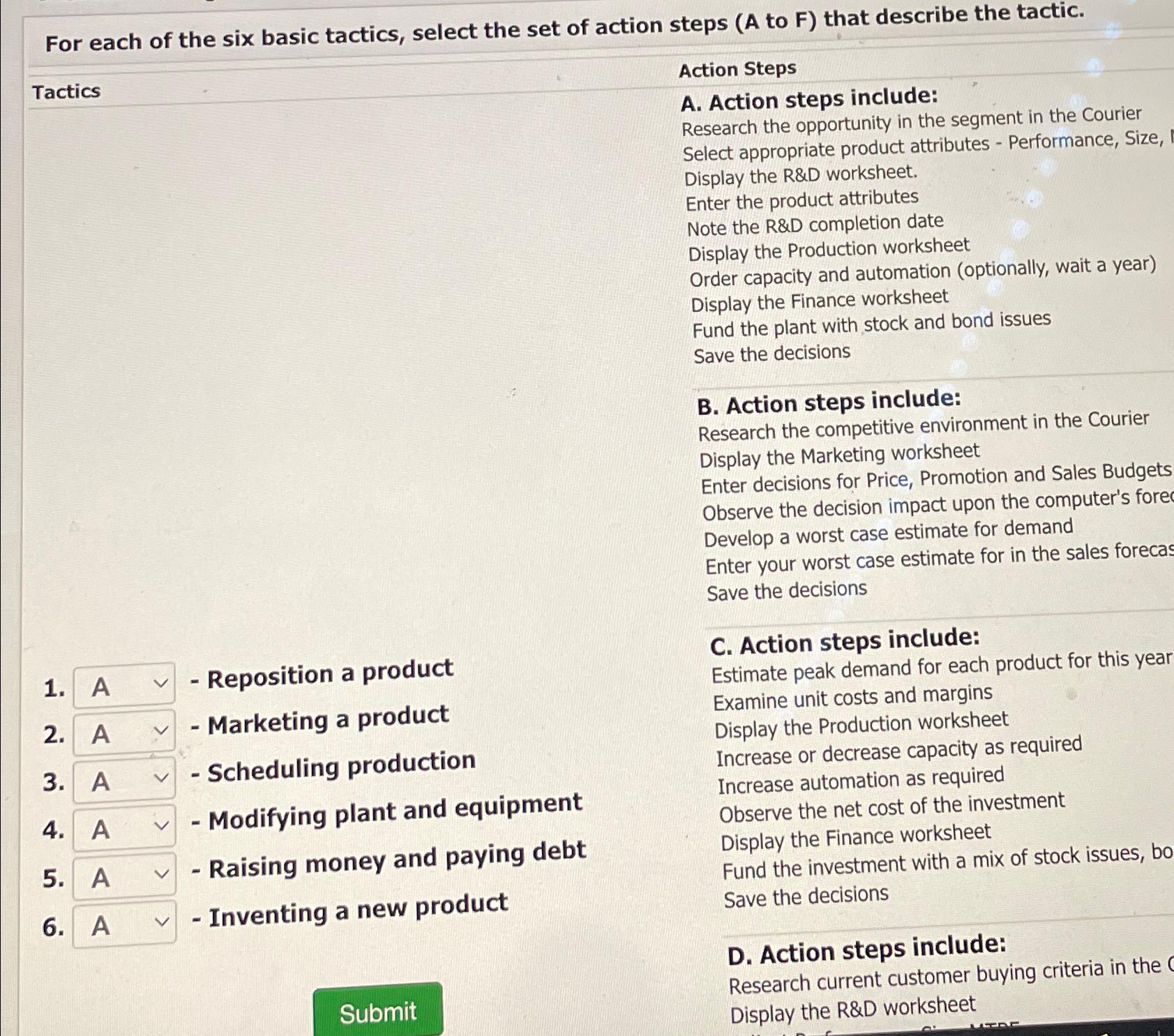 Solved For each of the six basic tactics, select the set of | Chegg.com