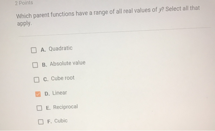 Solved 2 Points Which parent functions have a range of all | Chegg.com