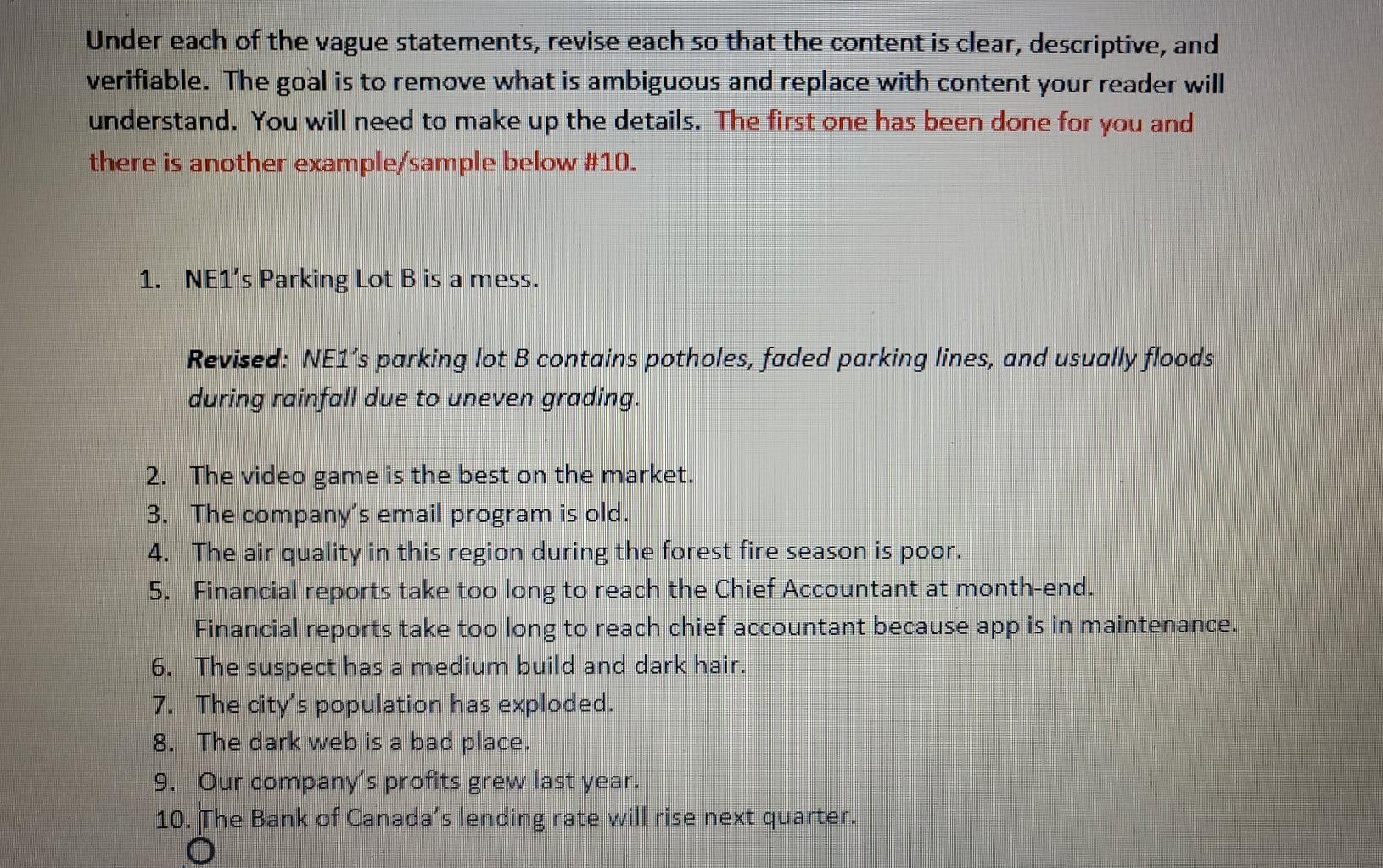 Under each of the vague statements, revise each so | Chegg.com