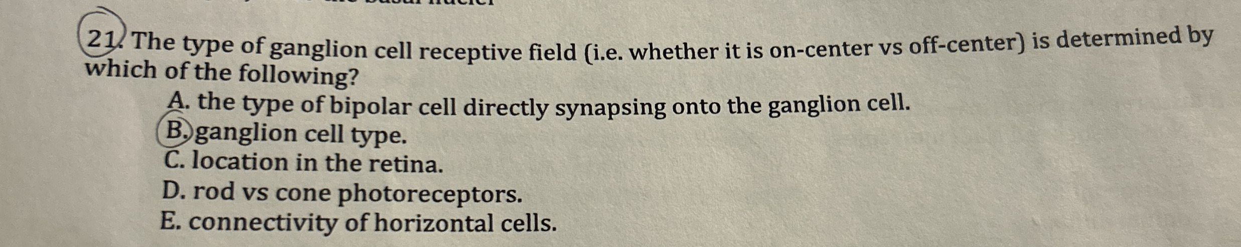 Solved The type of ganglion cell receptive field (i.e. | Chegg.com