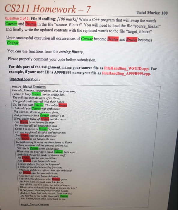 Solved CS211 Homework – 7 Total Marks: 100 Question 1 of 1: | Chegg.com
