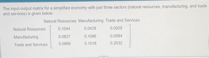 Solved The input-output matrix for a simplified economy with | Chegg.com