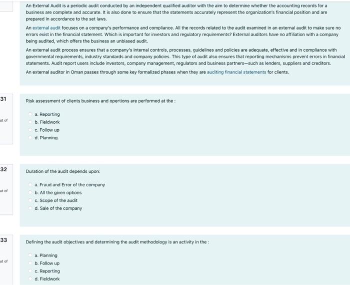 Solved An External Audit is a periodic audit conducted by an | Chegg.com