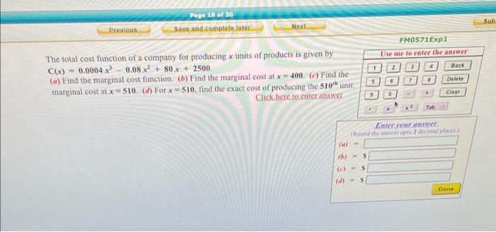 Solved The total cost function of a company for producing x | Chegg.com