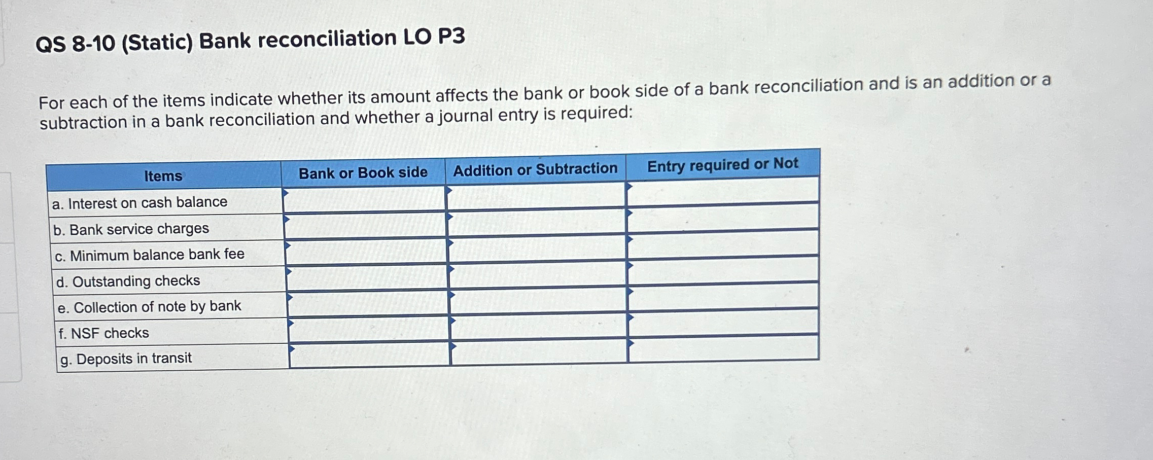 Solved QS 8-10 (Static) ﻿Bank reconciliation LO P3For each | Chegg.com