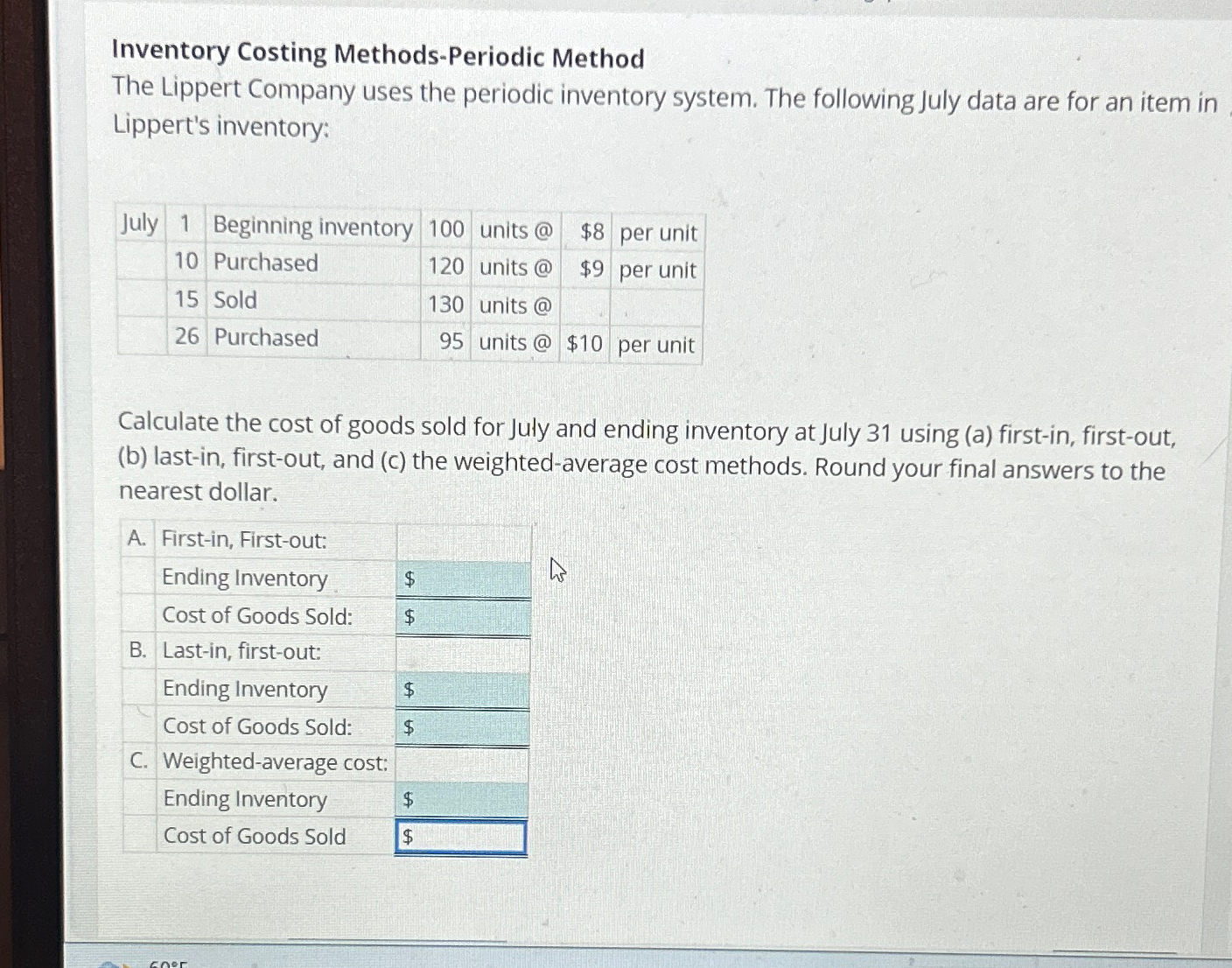 Solved Inventory Costing Methods-Periodic MethodThe Lippert | Chegg.com