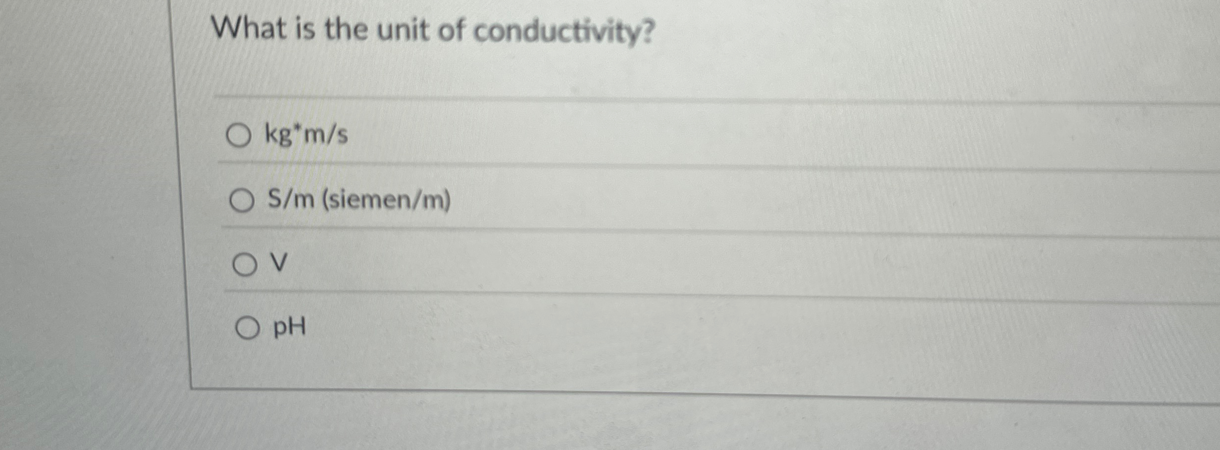 Solved What is the unit of conductivity?kg**msS/m | Chegg.com