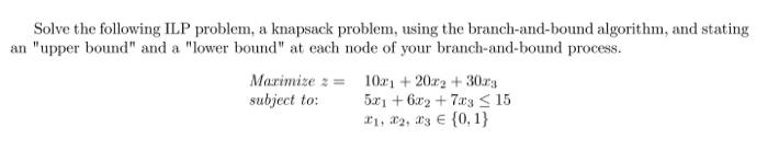 Solved Solve the following ILP problem, a knapsack problem, | Chegg.com