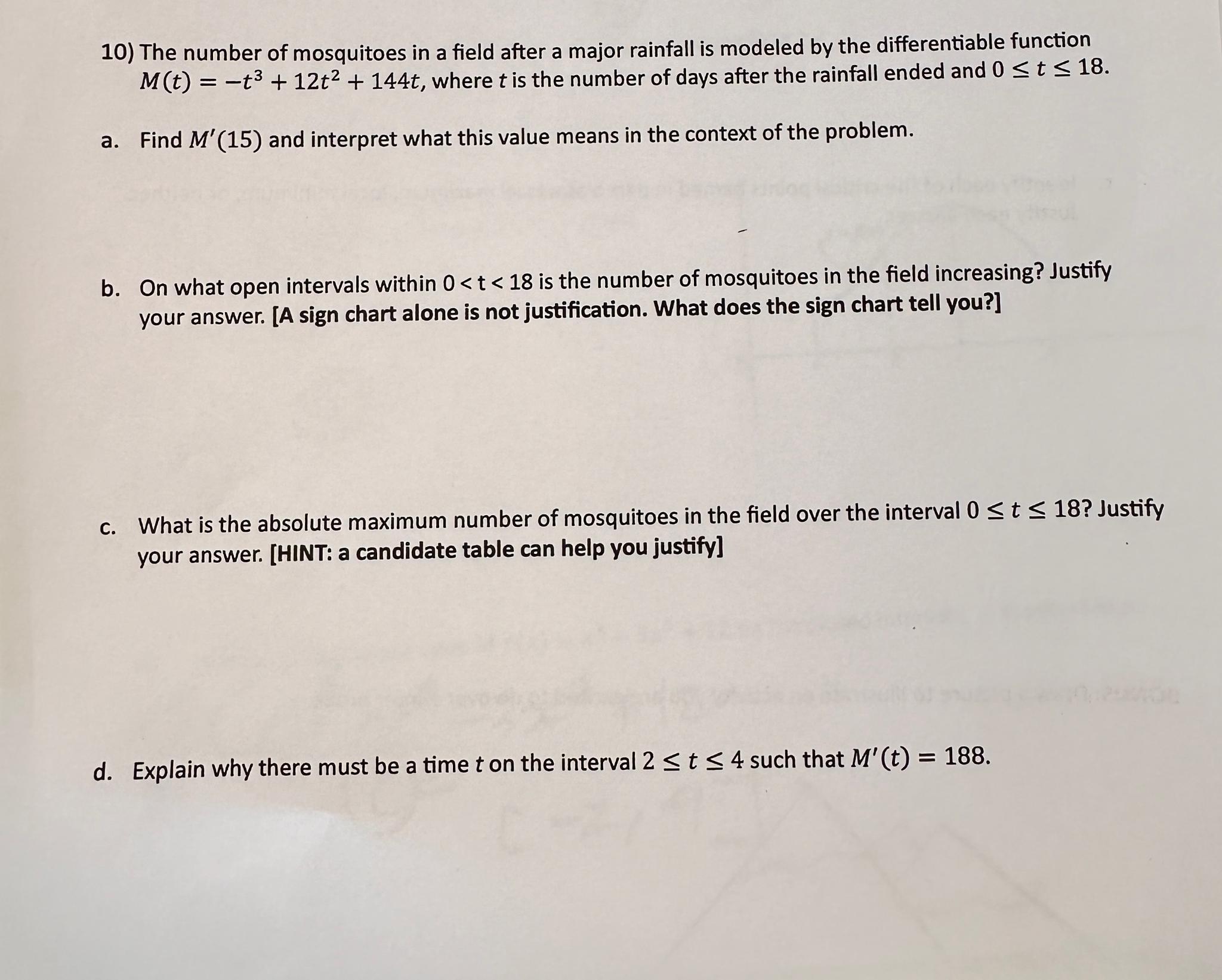 Solved The number of mosquitoes in a field after a major | Chegg.com