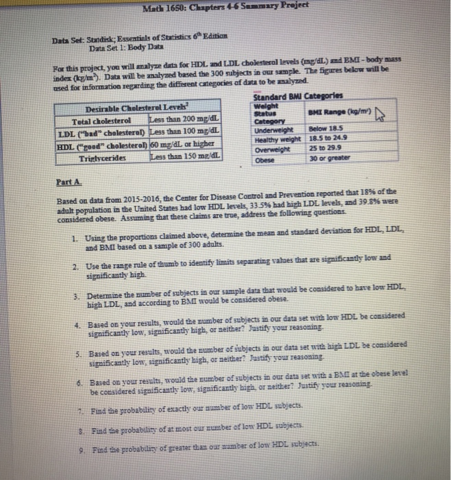 Math 1650: Chapter 46 Sommary Project Data Set: | Chegg.com