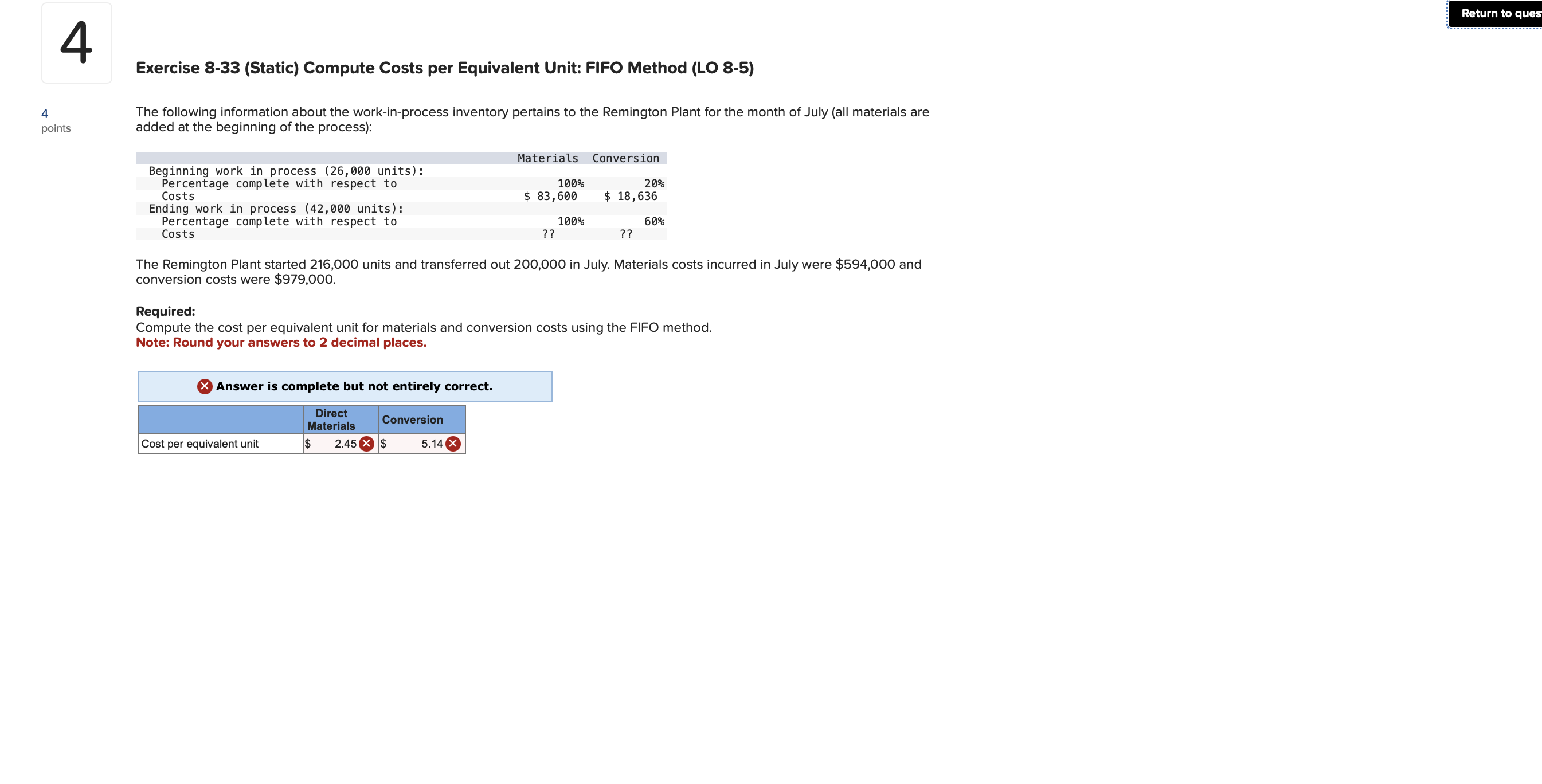Solved Exercise 8-33 (Static) ﻿Compute Costs per Equivalent | Chegg.com